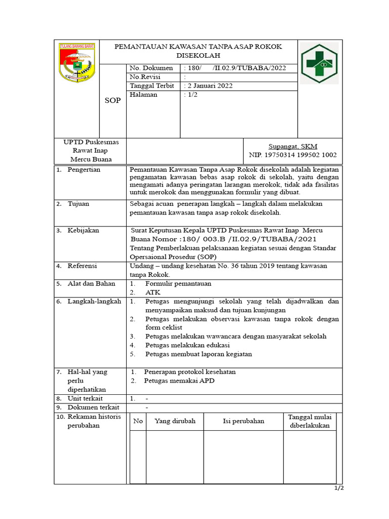 Sop Pemantauan Kawasan Tanpa Asap Rokok Disekolah 2022 | PDF