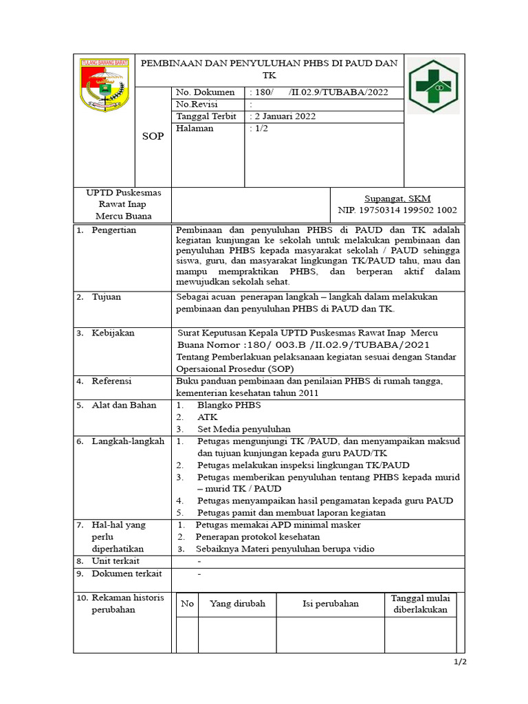 Sop Pembinaan Dan Penyuluhan PHBS Di Paud Dan TK 2022 | PDF