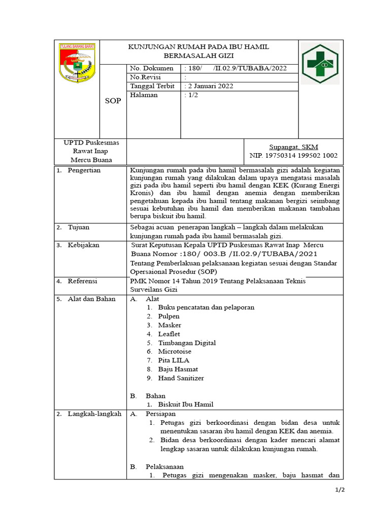SOP Kunjungan Rumah Ibu Hamil Gizi Bermasalah | PDF