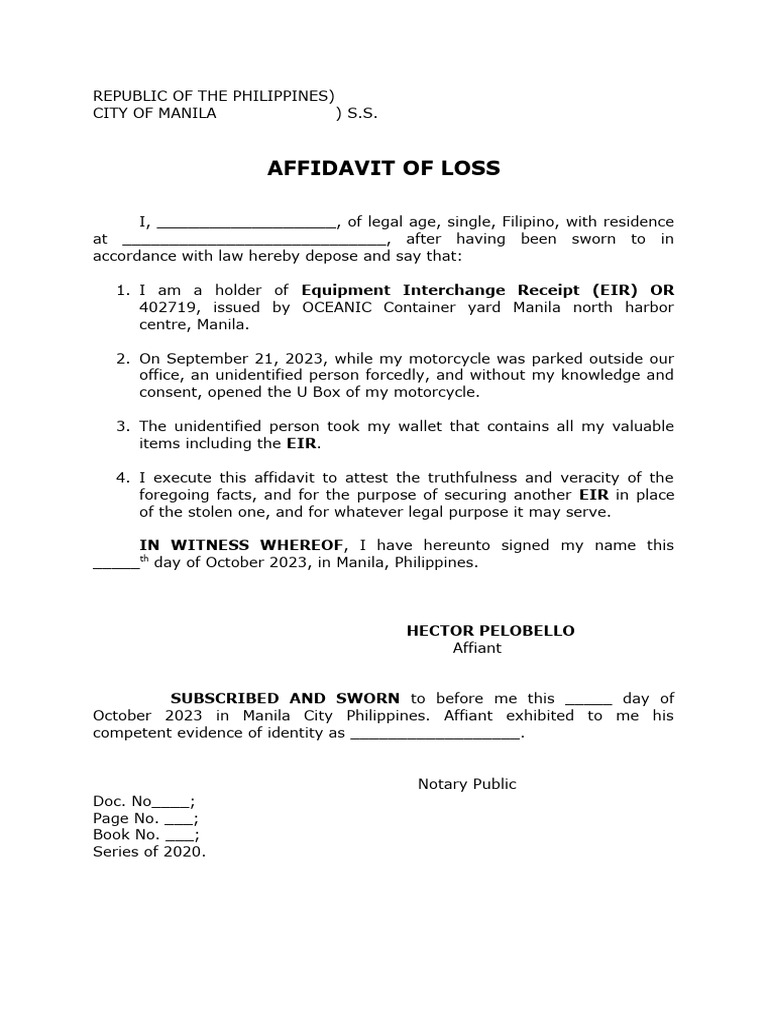Sample Affidavit of Loss EIR | PDF