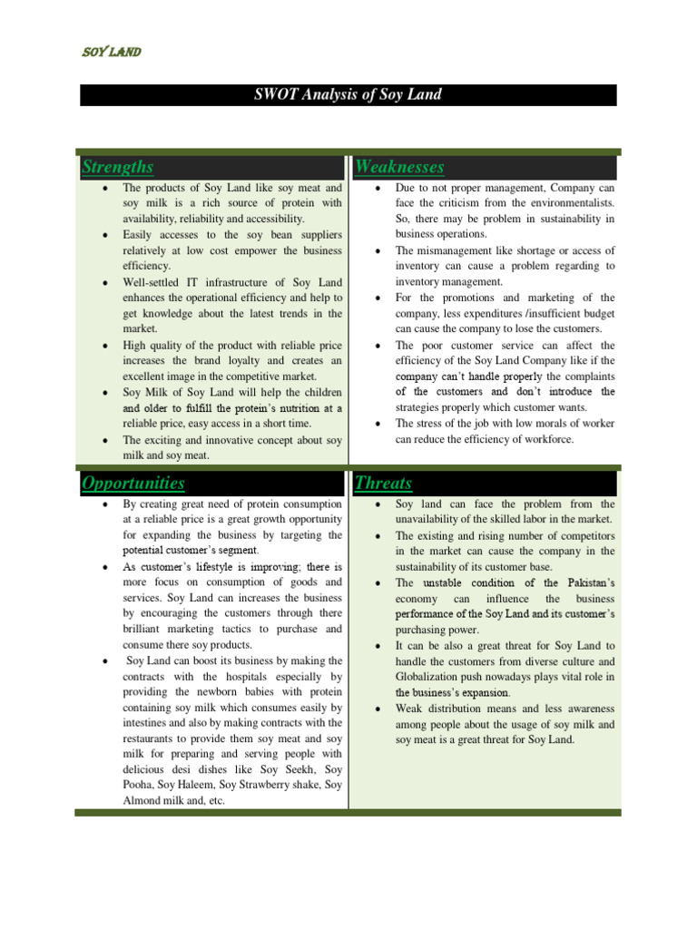 SWOT Analysis of Soy Land | PDF | Soybean | Milk
