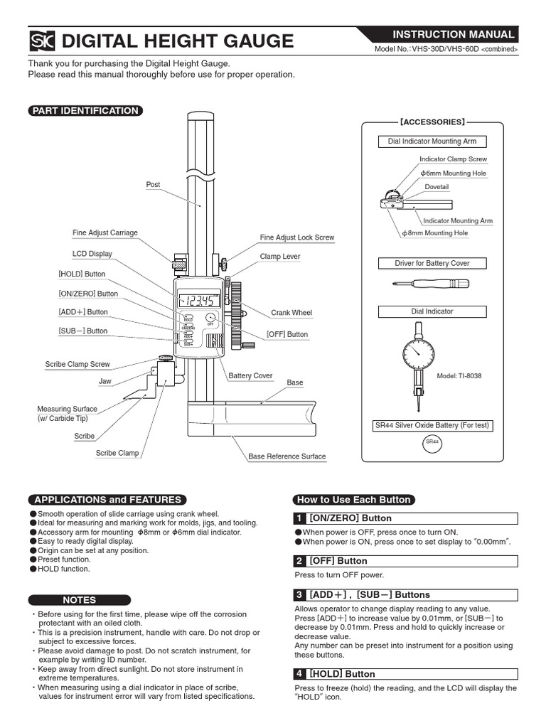 Digital Height Gauge: Part Identification | PDF