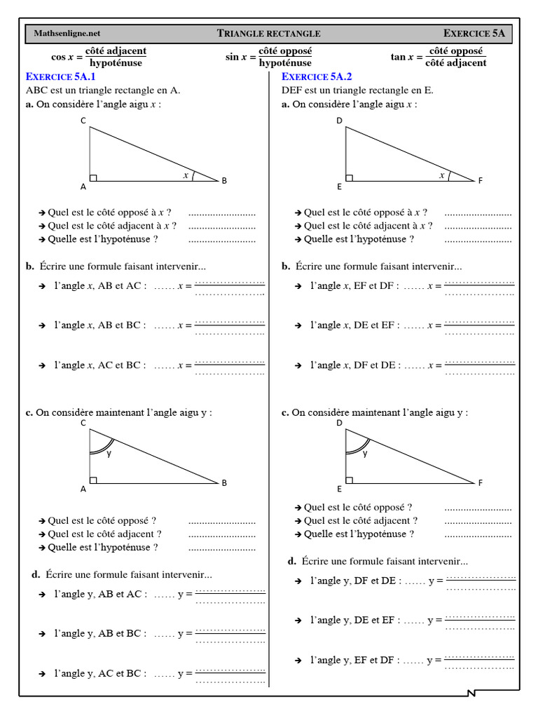 Chap 04 - Ex 5A - Trigonométrie - Ecrire La Bonne Formule - CORRIGE | PDF