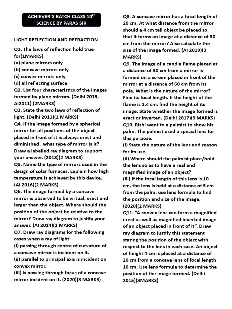 Achiever Batch 10 Light Test | PDF | Mirror | Optics