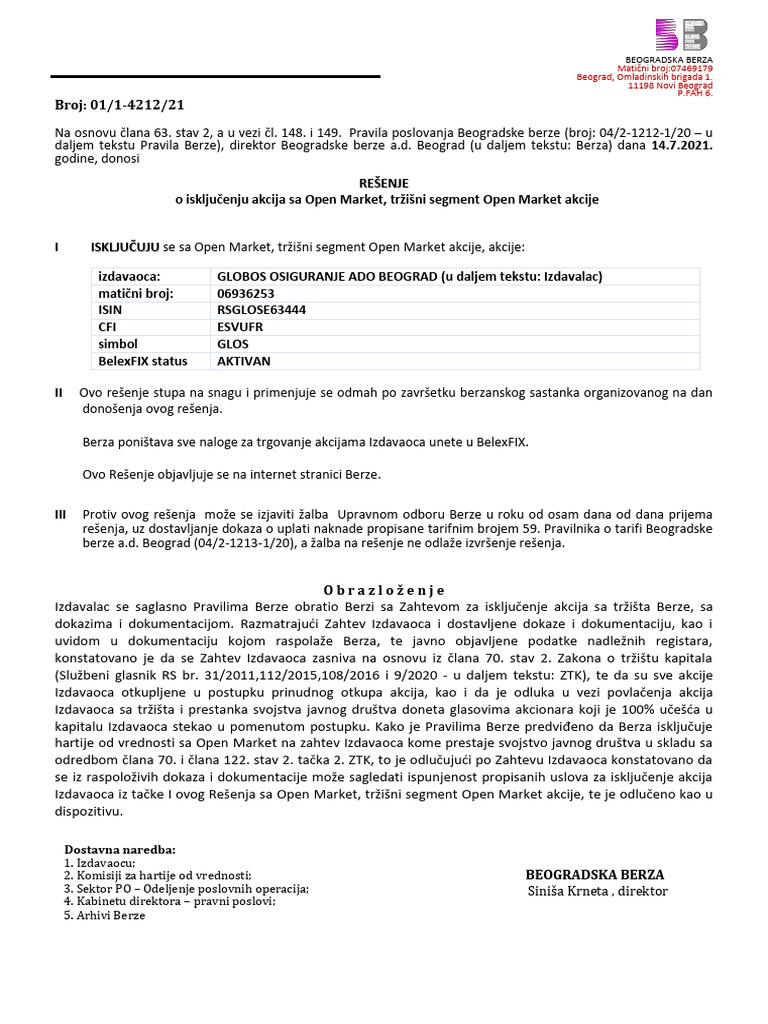 R E Š E N J E: Matični Broj:07469179 Beograd, Omladinskih Brigada 1. 11198 Novi Beograd P.FAH 6 ...