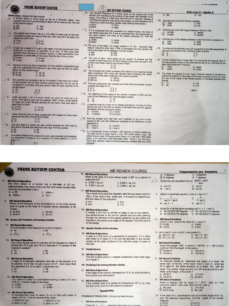 4 - Math (Algebra, Trigo and Solid) | PDF