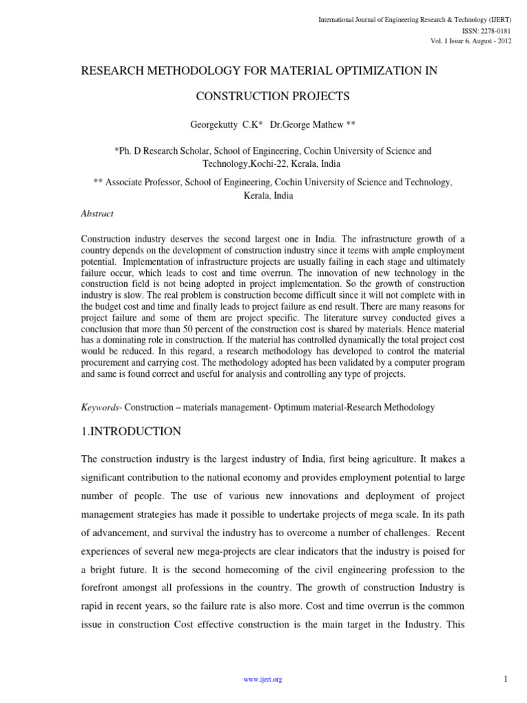 Research Methodology For Material Optimization in Construction Projects IJERTV1IS6201 | PDF