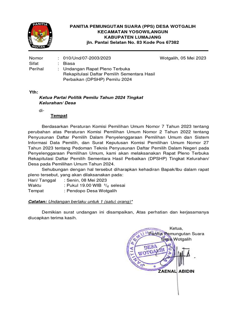 Undangan Parpol DPSHP Pemilu 2024 | PDF