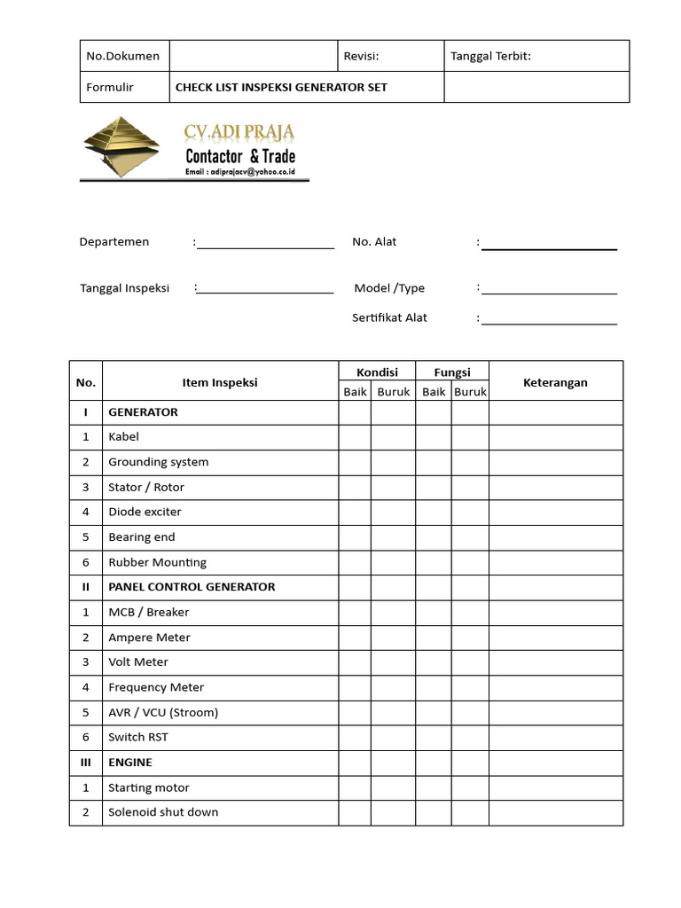 Form Check List Inspeksi Generator Set | PDF