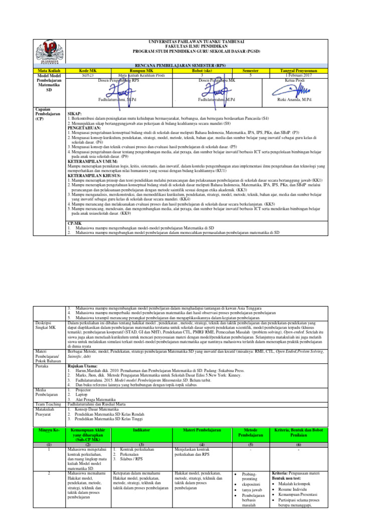 RPS Model-Model Pembelajaran Matematika SD | PDF