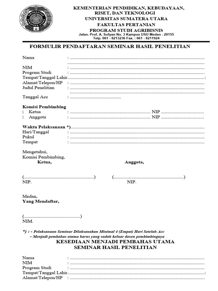 Formulir Pendaftaran Seminar Hasil Penelitian | PDF