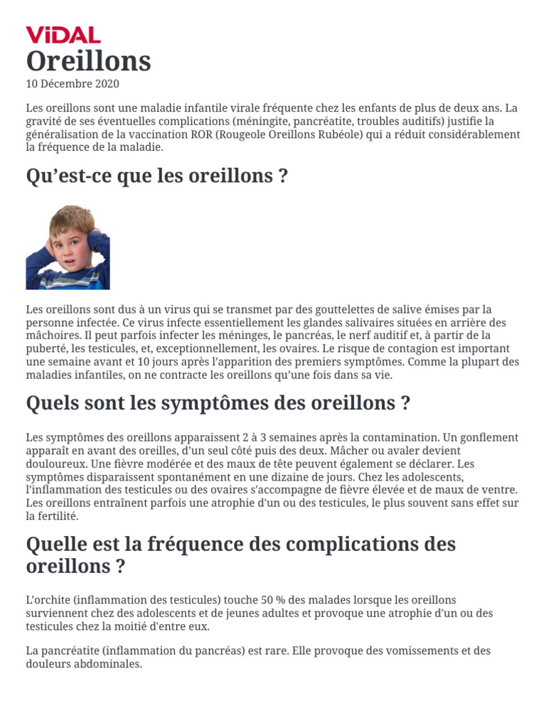 Oreillons - Symptômes, Causes, Traitements Et Prévention - VIDAL | PDF ...