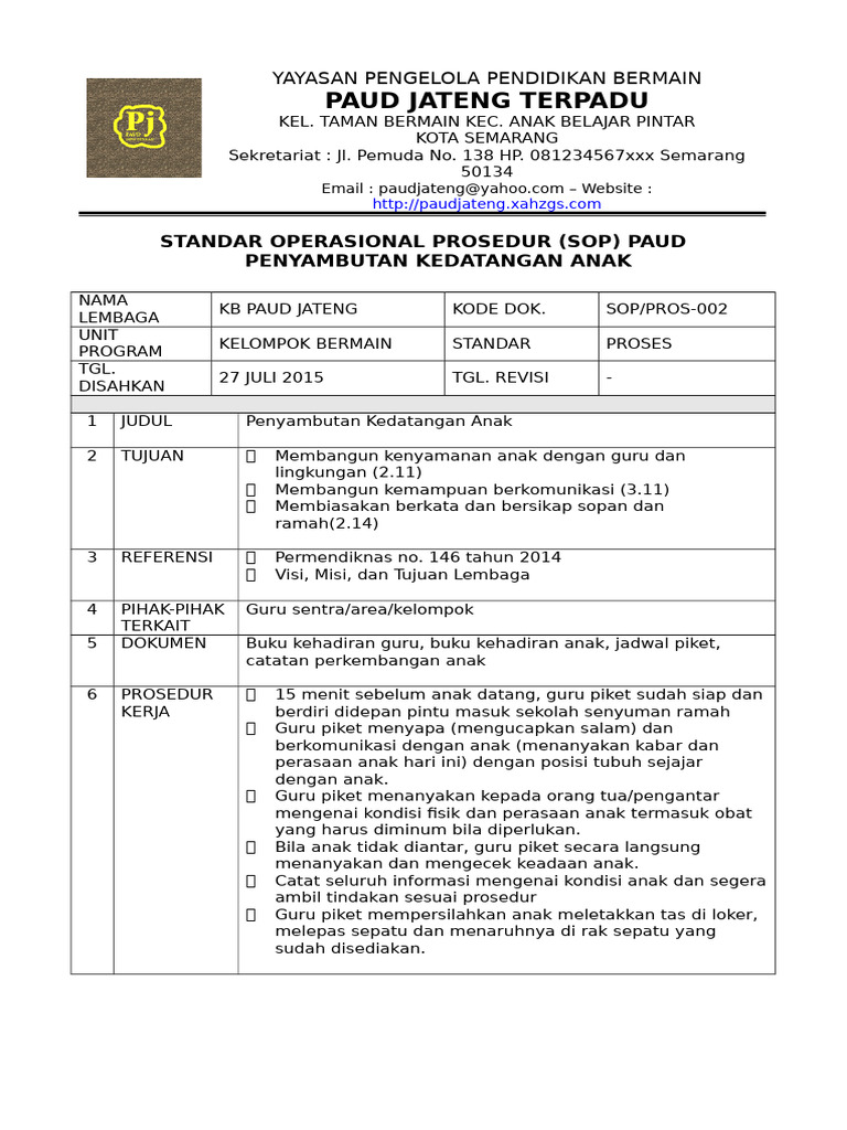 Paud Jateng Terpadu: Standar Operasional Prosedur (Sop) Paud ...