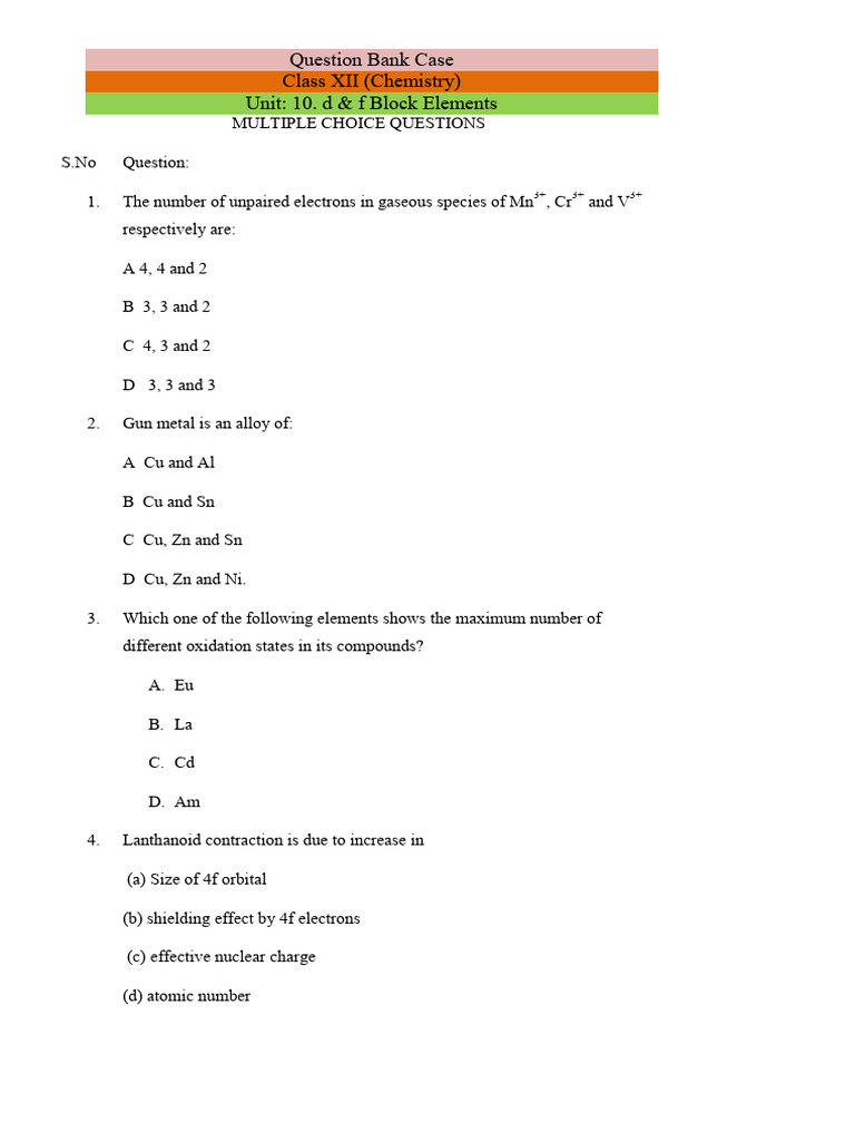 MCQ (D and F Block Elements) | PDF