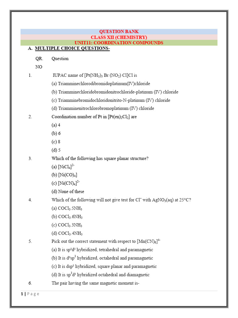 MCQ - Coordination Compounds | Download Free PDF | Coordination Complex | Ligand
