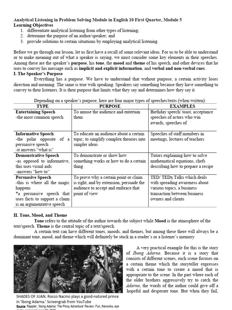 Analytical Listening in Problem Solving Module in English 10 First ...