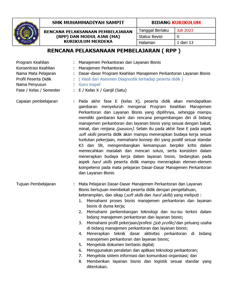 Ikm - Form RPP & Modul Ajar - Mata Pelajaran | PDF