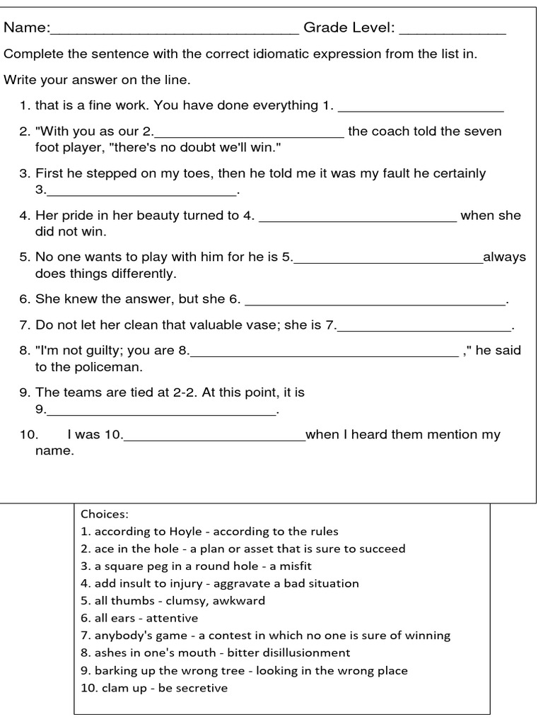 Idiomatic Expressions Quiz Worksheet | PDF | Home & Garden