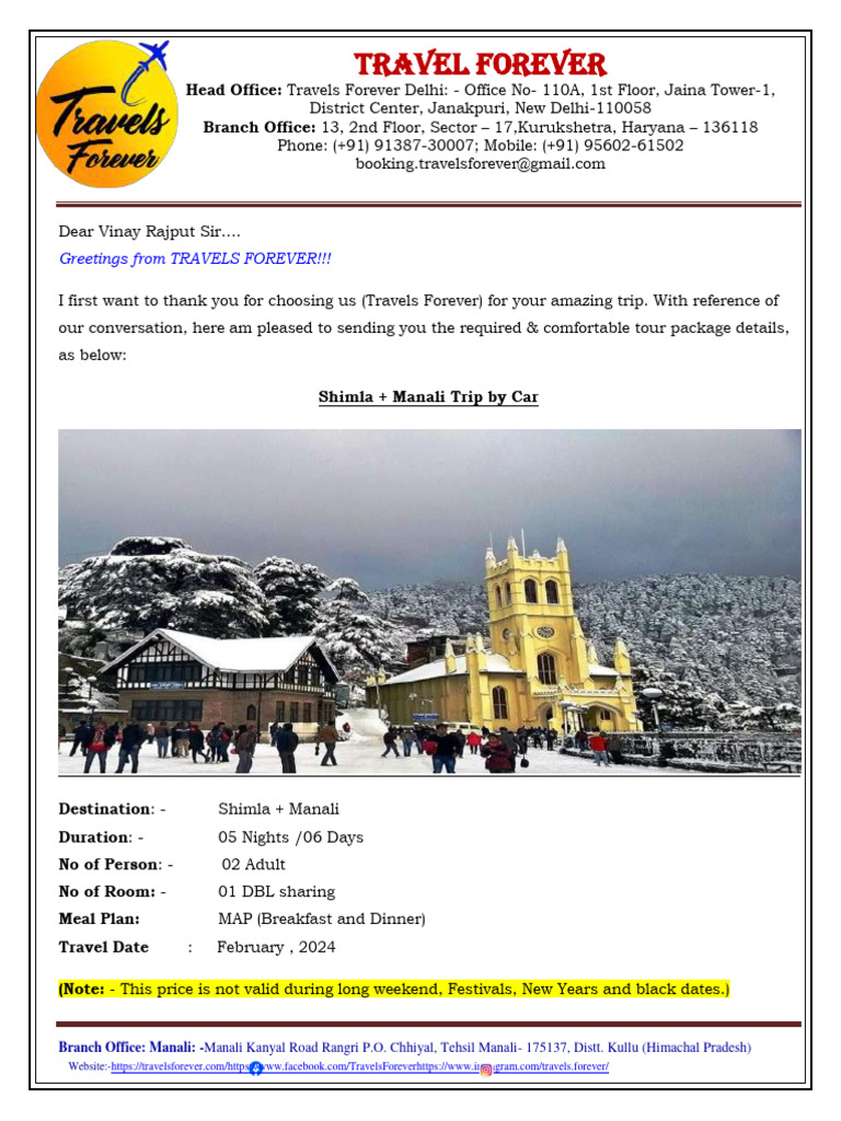 (Dear Vinay Rajput Sir .) Shimla + Manali Trip by Car (Pankaj) | PDF | Banks | Payments