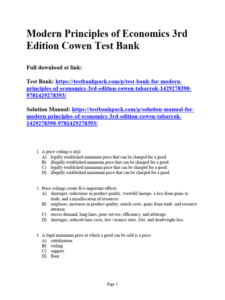 Modern Principles of Economics 3rd Edition Cowen Test Bank 1 | PDF