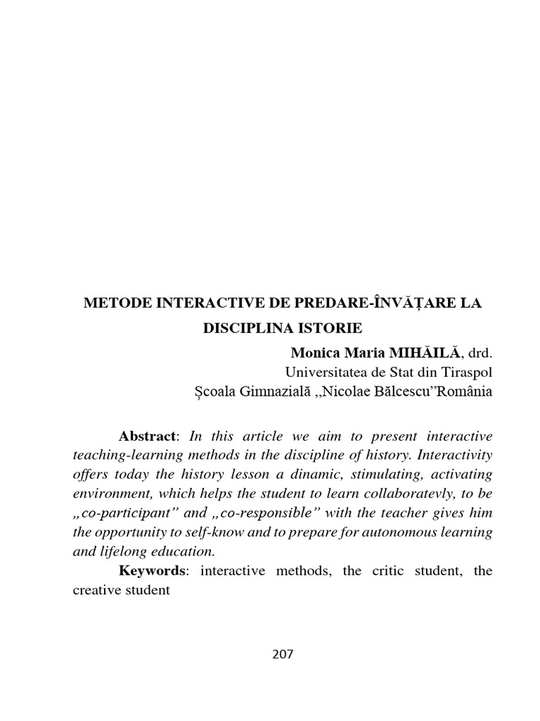 Metode Interactive de Predare-Învățare La Disciplina Istorie Monica Maria MIHĂILĂ, DRD | PDF