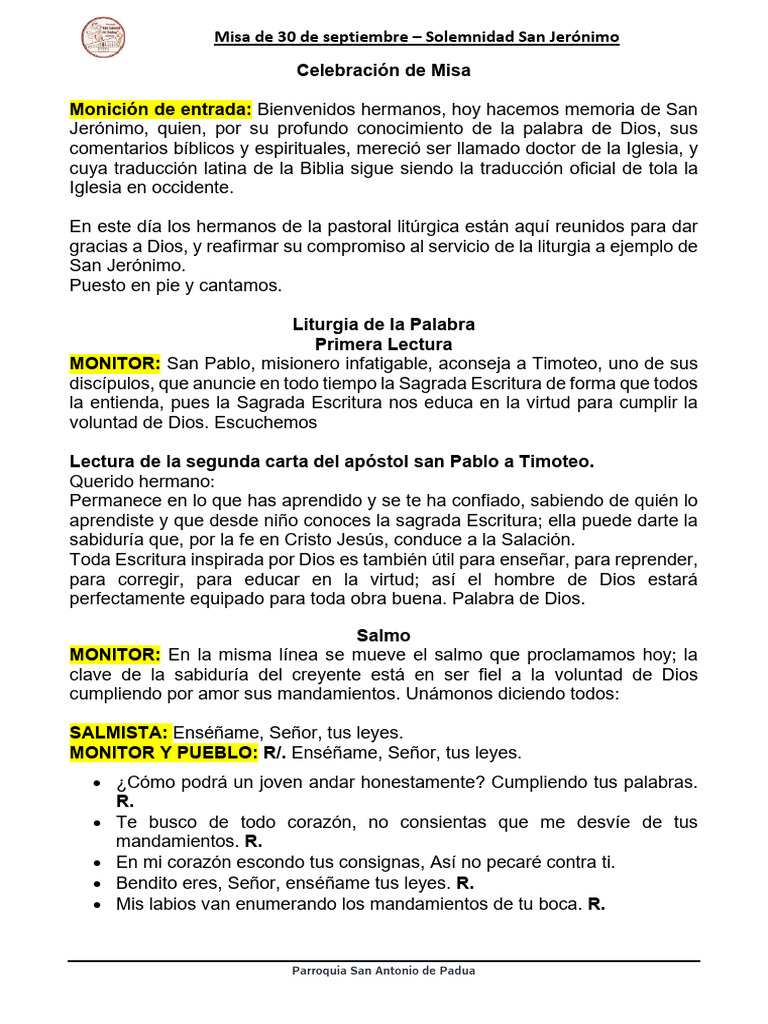 Celebración Misa Solemnidad San Jeronimo | PDF