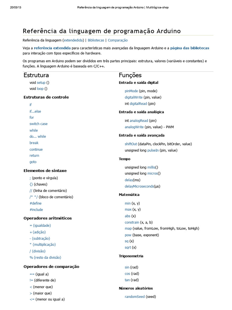 Referencia Da Linguagem de Programacao Arduino Multilogica Shop | PDF