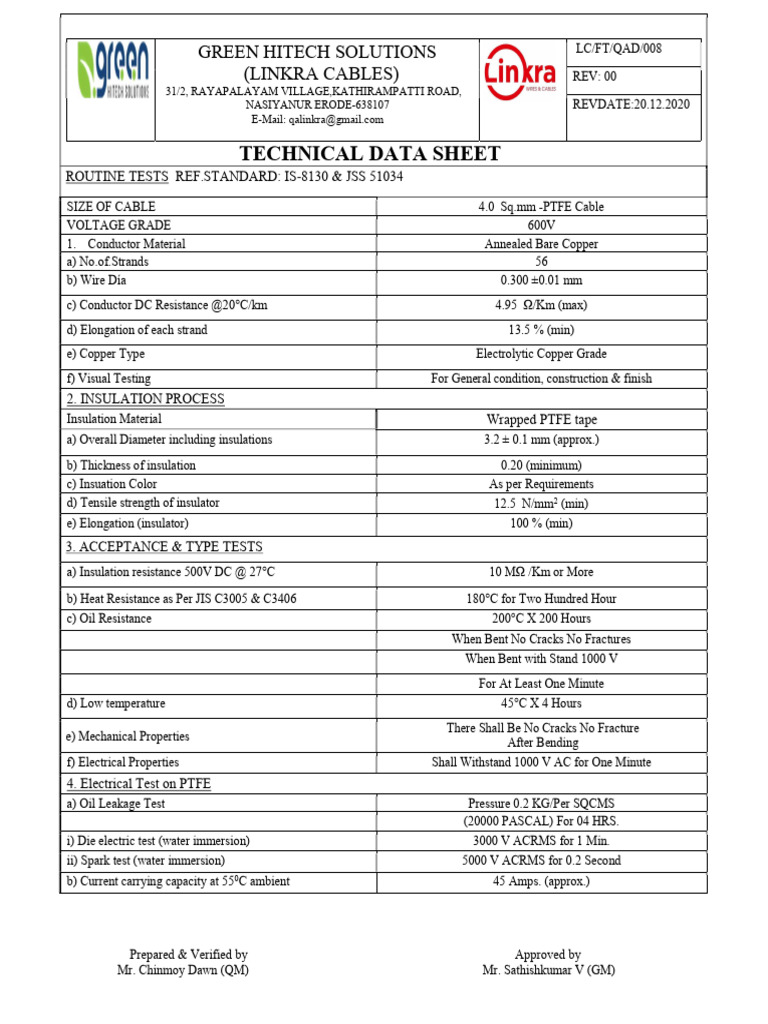 PTFE Cable Technical Data Sheet | PDF