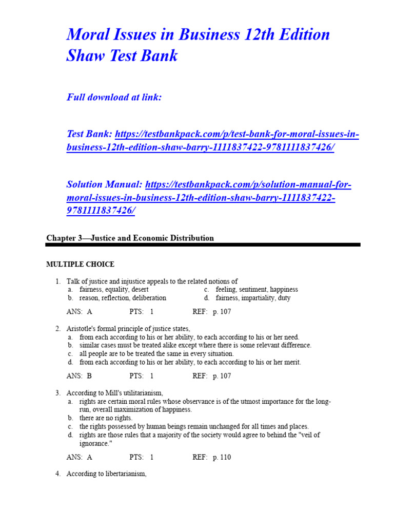 Moral Issues in Business 12th Edition Shaw Test Bank 1 | PDF
