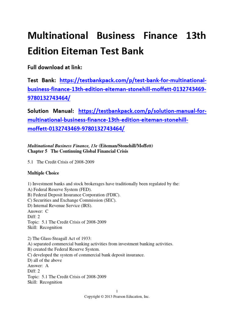 Multinational Business Finance 13th Edition Eiteman Test Bank 1 | PDF