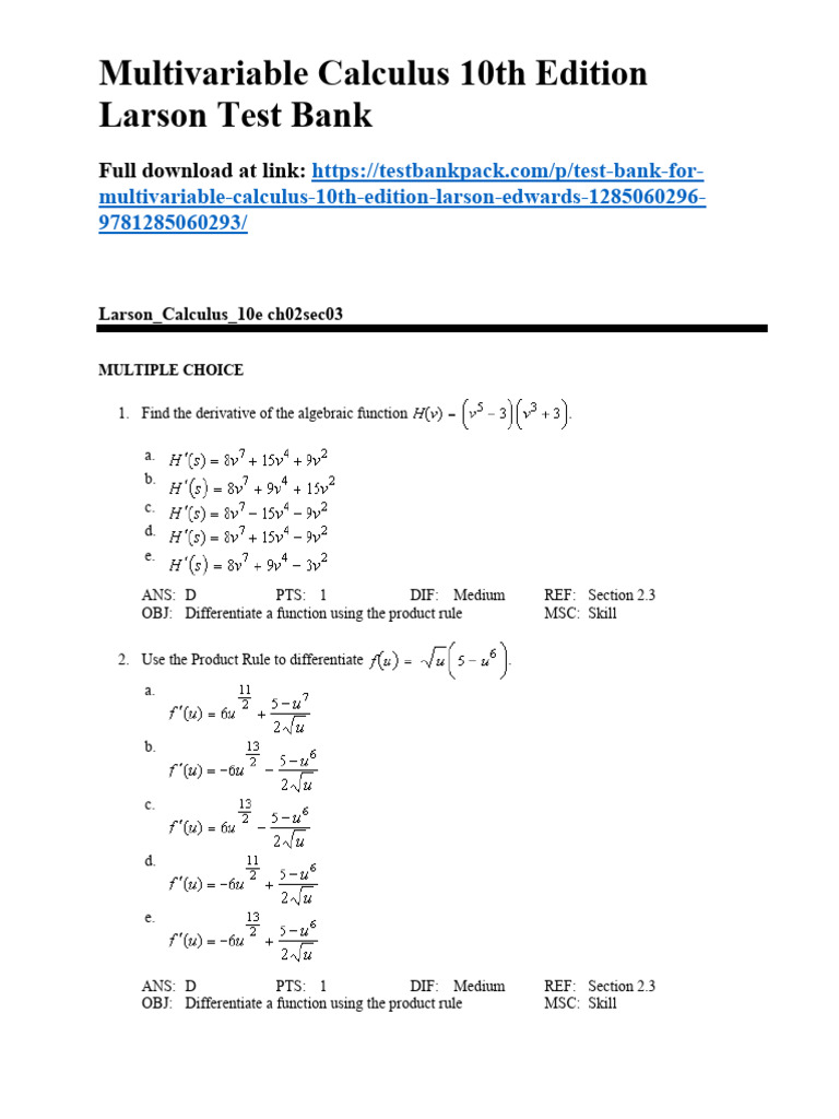 Multivariable Calculus 10th Edition Larson Test Bank 1 | PDF