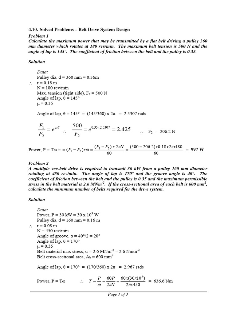 Files Belt Drives Worked Examples | PDF