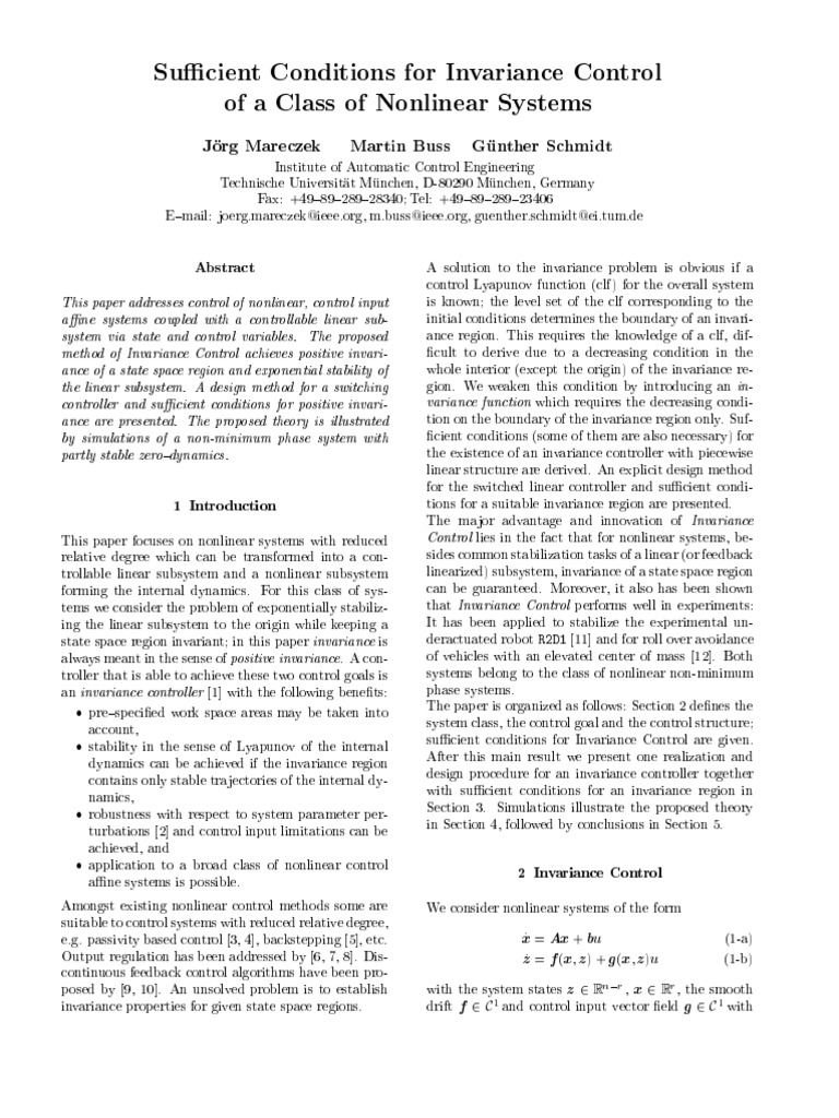 Sufficient Conditions For Invariance Control | PDF | Control Theory | Mathematical Physics