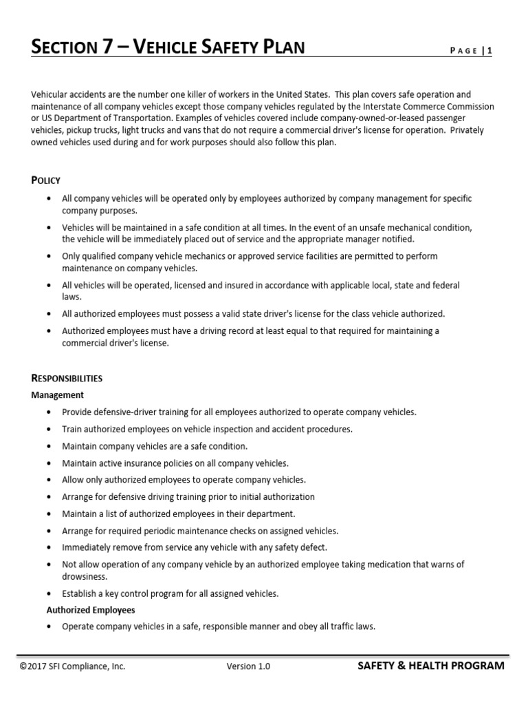 7 Vehicle Safety Plan | PDF