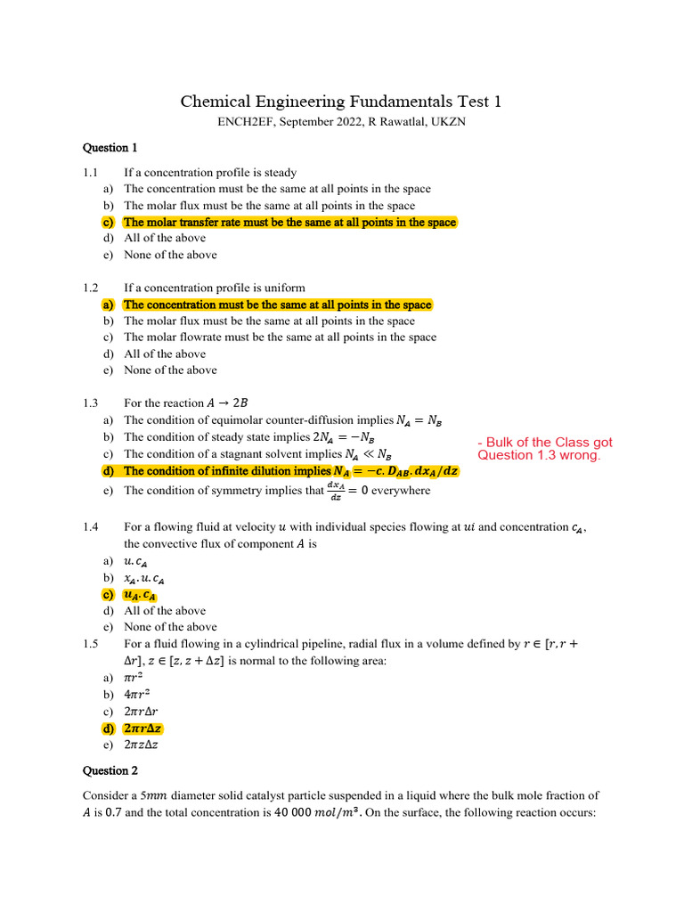 ENCH2EF - 2022 - Test 1 - Mark Allocation and Comments | PDF