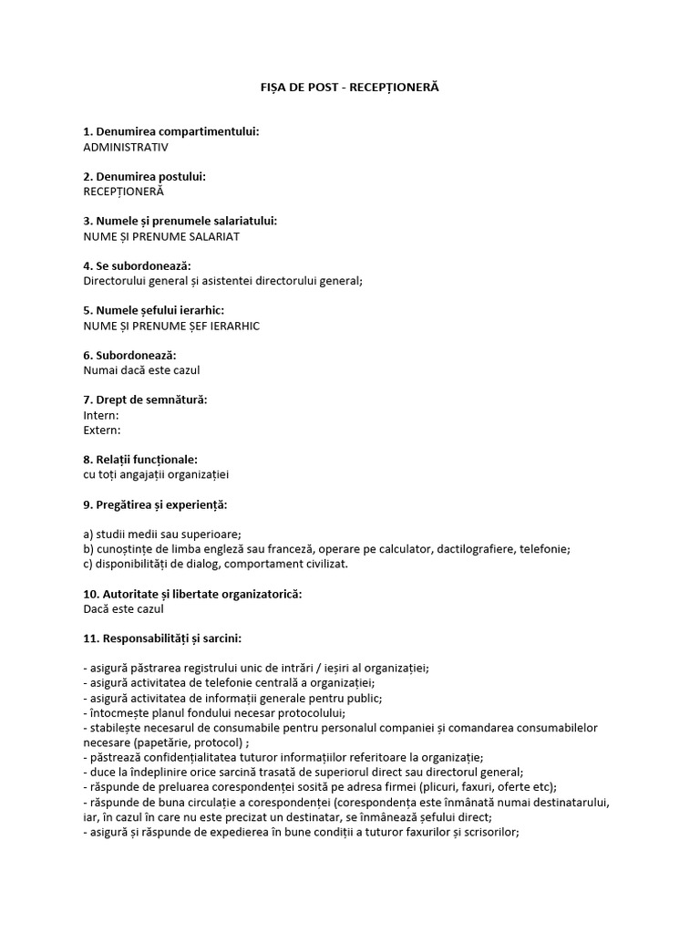 Fisa de Post Receptionera | PDF