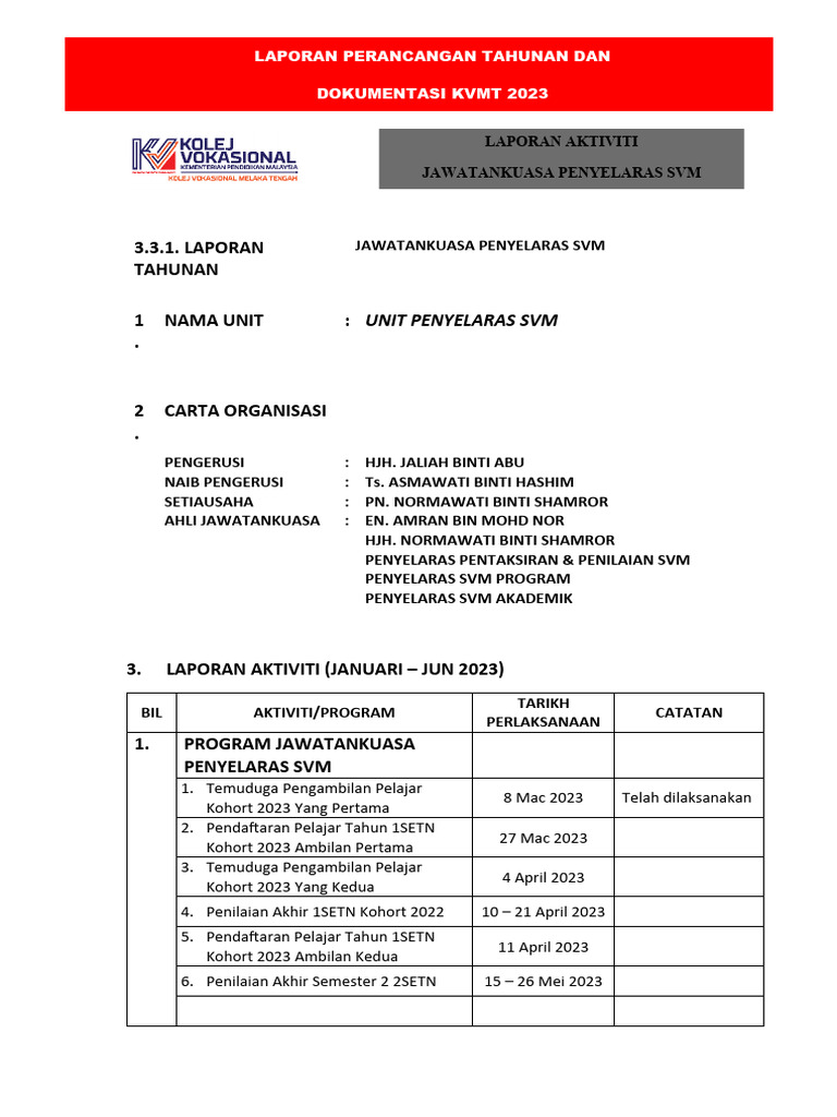 Laporan Aktiviti Penyelaras SVM Jan - Jun 2023 | PDF