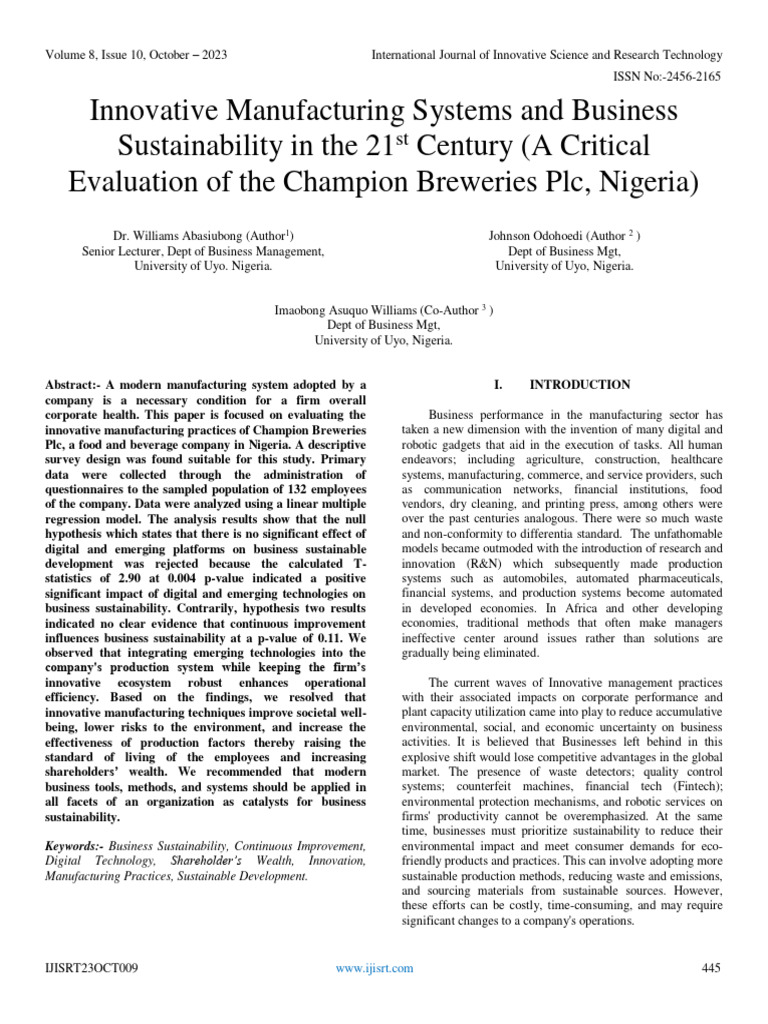 Innovative Manufacturing Systems and Business Sustainability in The ...