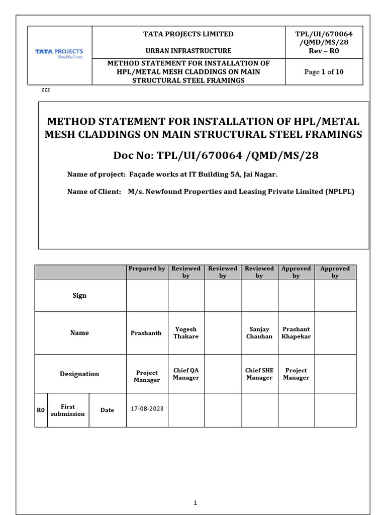 Method Statement For Installation of HPL & Mesh Cladding | PDF