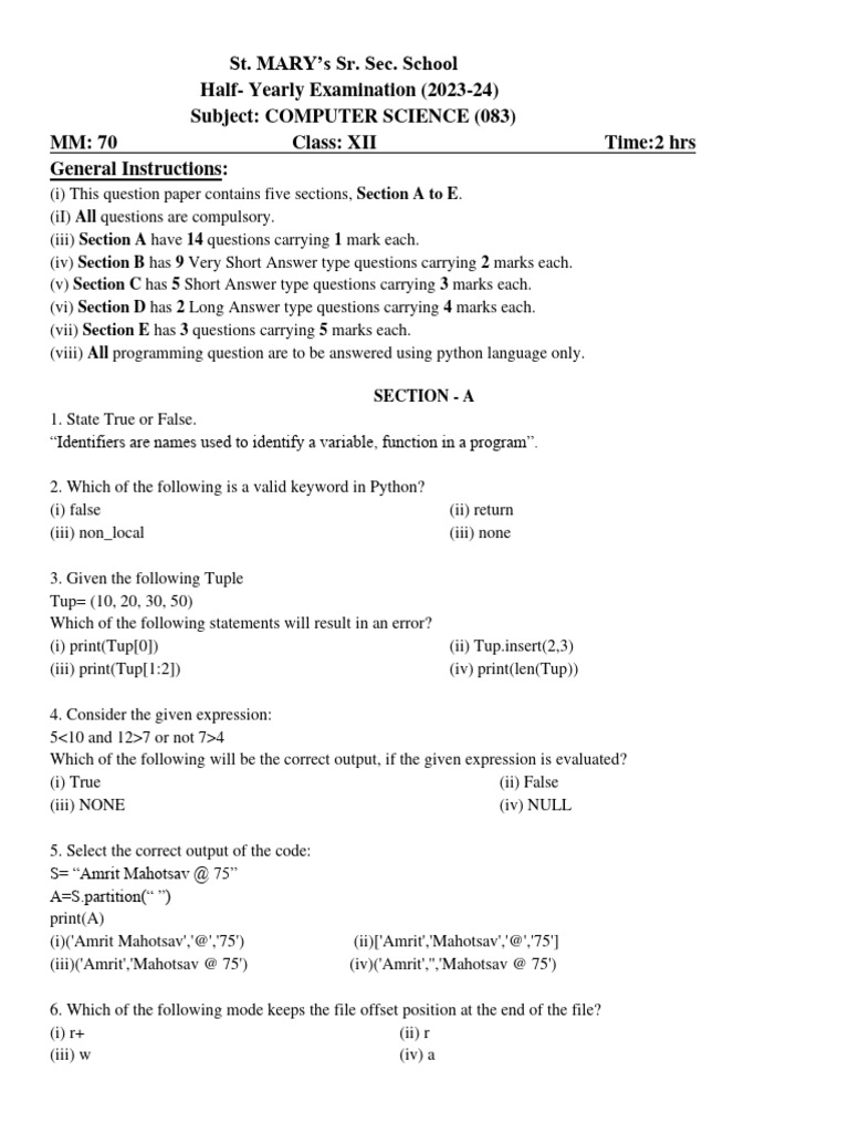 12th CS 2023 HY | PDF