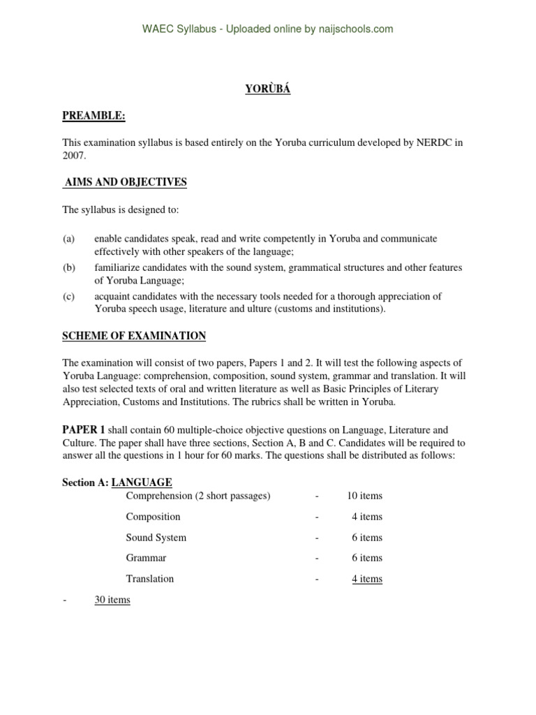 WAEC Syllabus For Yoruba | PDF | Foreign Language Studies