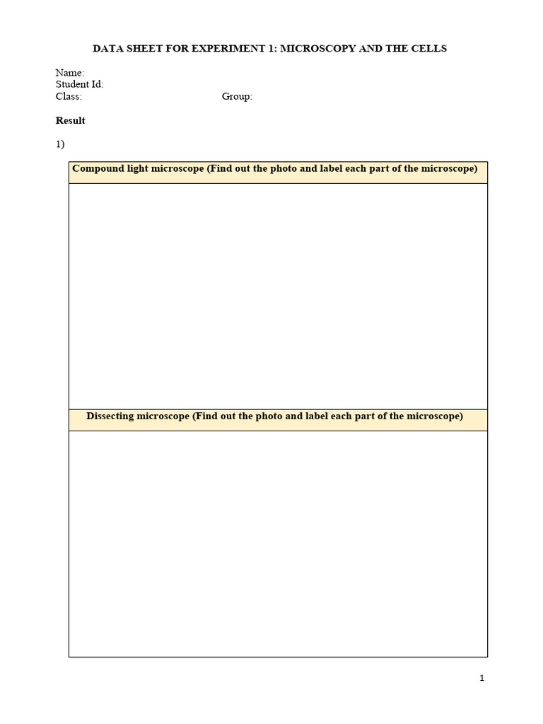 2.1 Data Sheet For Experiment 1-Microscopy and The Cells (For Students ...