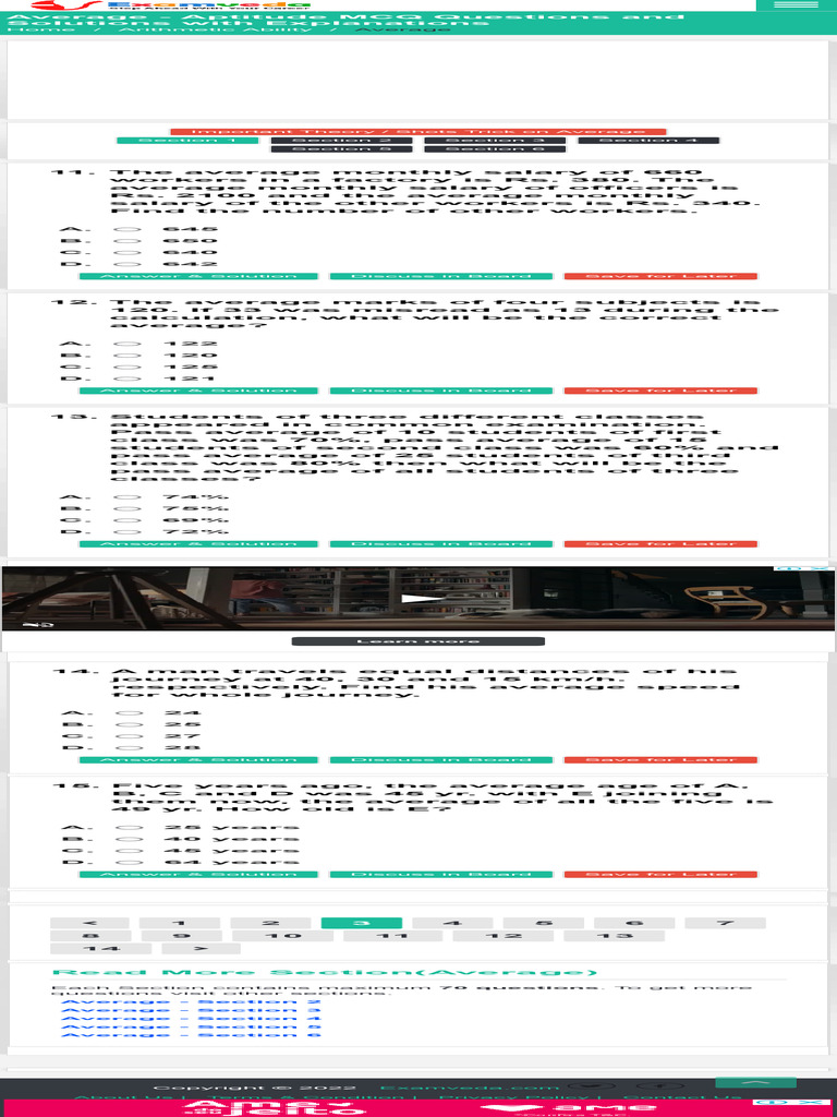 Average - Aptitude MCQ Questions and Solutions With Explanations Page-3 Section-1 | PDF