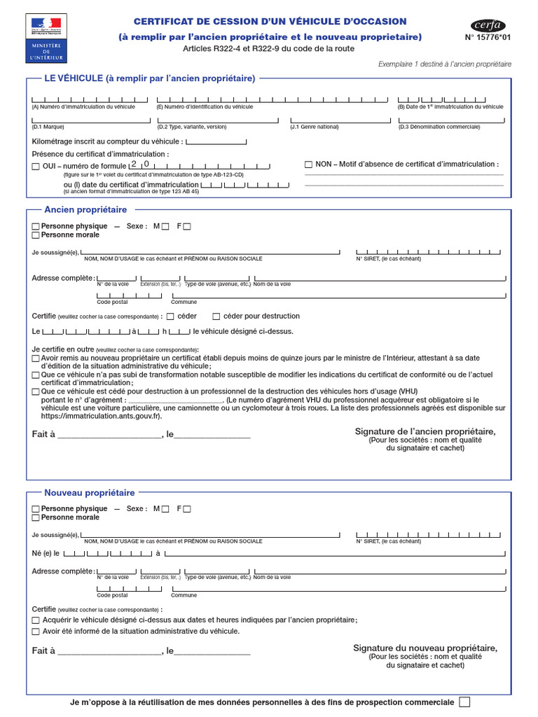 Cerfa Declaration Cession Vehicule Cerfa 15776 01 | PDF