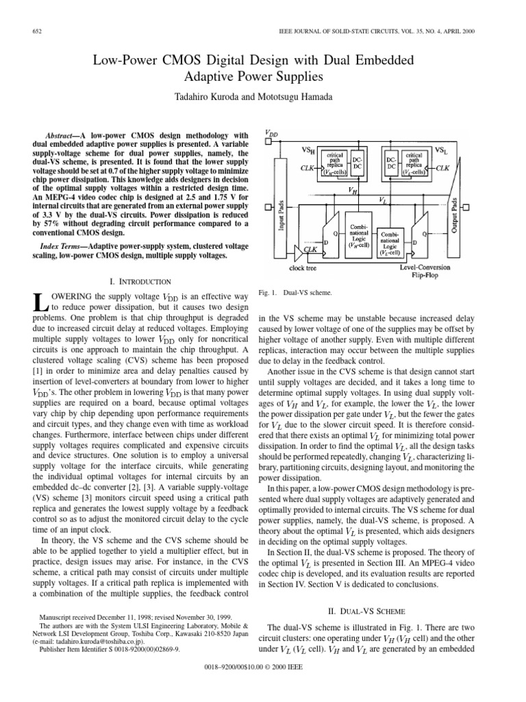 Low-Power CMOS Digital Design With Dual Embedded Adaptive Power Supplies | PDF