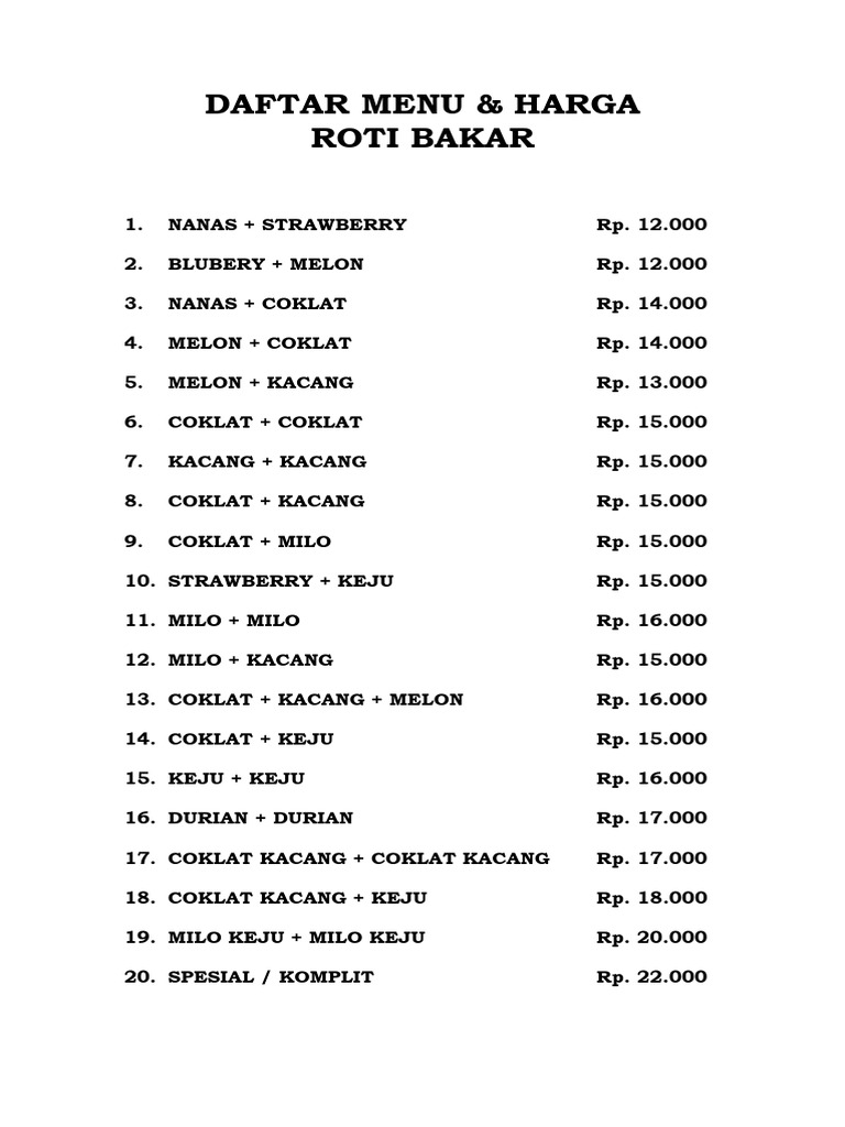 DAFTAR MENU Roti Bakar | PDF