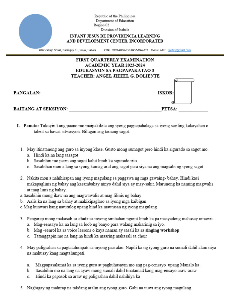 First Quarterly Examination Esp3 | PDF