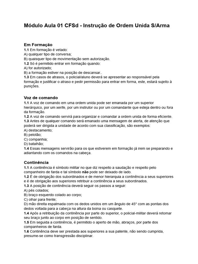 Módulo Aula 01 CFSd - Instrução de Ordem Unida S_Arma | PDF