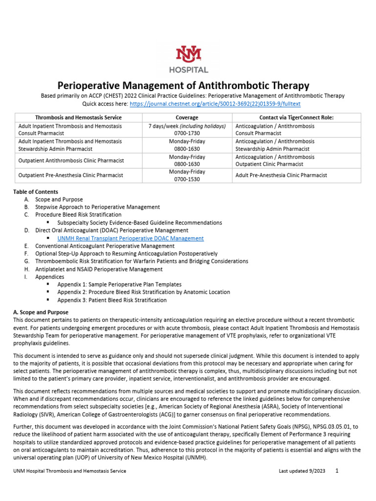 Perioperative Antithrombotic Guideline - UNM Hospital - Final - 9 ...