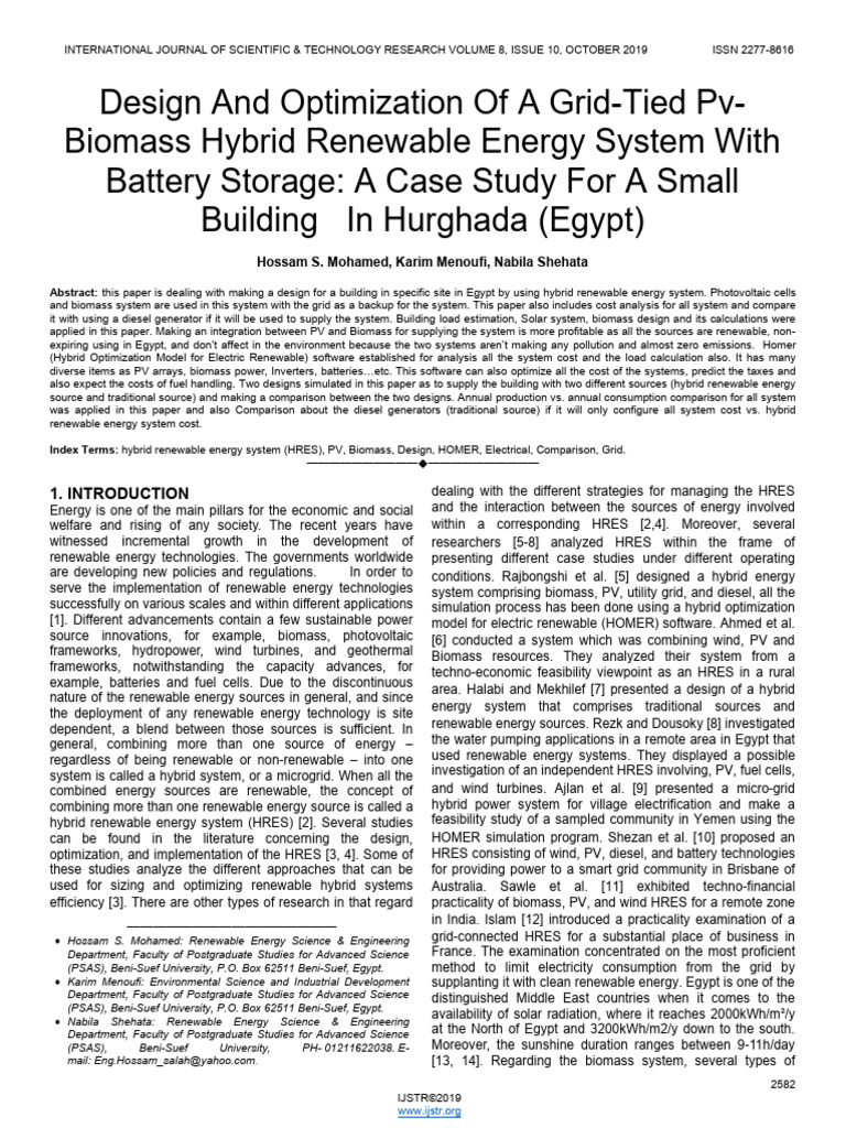 Design and Optimization of A Grid Tied PV Biomass Hybrid Renewable ...